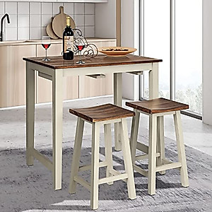 COSTWAY 3 Pieces Dining Set, Counter Height Pub Table Set with 2 Saddle Stools, Industrial Wood Breakfast Table Set for Bar, Kitchen, Living Room, Restaurant