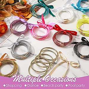 Xinnun 60 Pieces Glitter Jelly Bracelets Jelly Bangle Bracelets Set Colorful Glitter Filled Silicone Bracelets with Ribbon Bow for Girl Women Valentine's Day