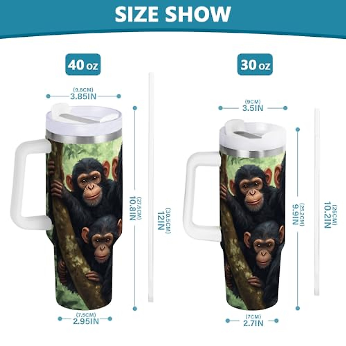 Nexawaveo Cold Cup Monkeys on Tree XL Insulated Tumbler with Handle Lid Straw 30-40 oz Reusable Cupholder Friendly Water Bottle