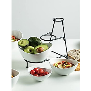 Miamolo Triple Ceramic Serving Bowl Set with Stand - White Serving Tiered Stand,Set of 3 Oval Bowl Set Perfect for Table Decoration Set Party Chip Rack Display Salad Bar Serving Set - Black Stand