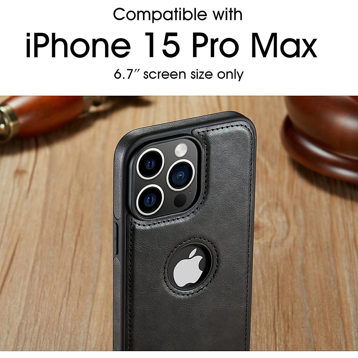 Casus Designed for iPhone 15 Pro Max Case Vegan Leather Slim Logo View Classic Luxury Elegant Thin Protective Cover (2023) 6.7" (Black)