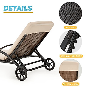 HOMREST Outdoor Chaise Lounge Chair Set of 2, Patio Loungers with Mobility Wheels and Detachable Cushion, Wicker Lounge Chairs for Outside, Patio, Porch, Backyard (Khaki)