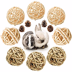 8 Pcs Small Animals Play Balls Rolling Activity Chew Toys Gnawing Treats for Rabbits Guinea Pigs Chinchilla Bunny Natural Balls, Pet Cage Entertainment Accessories (8 Pcs+ Pine Cone)