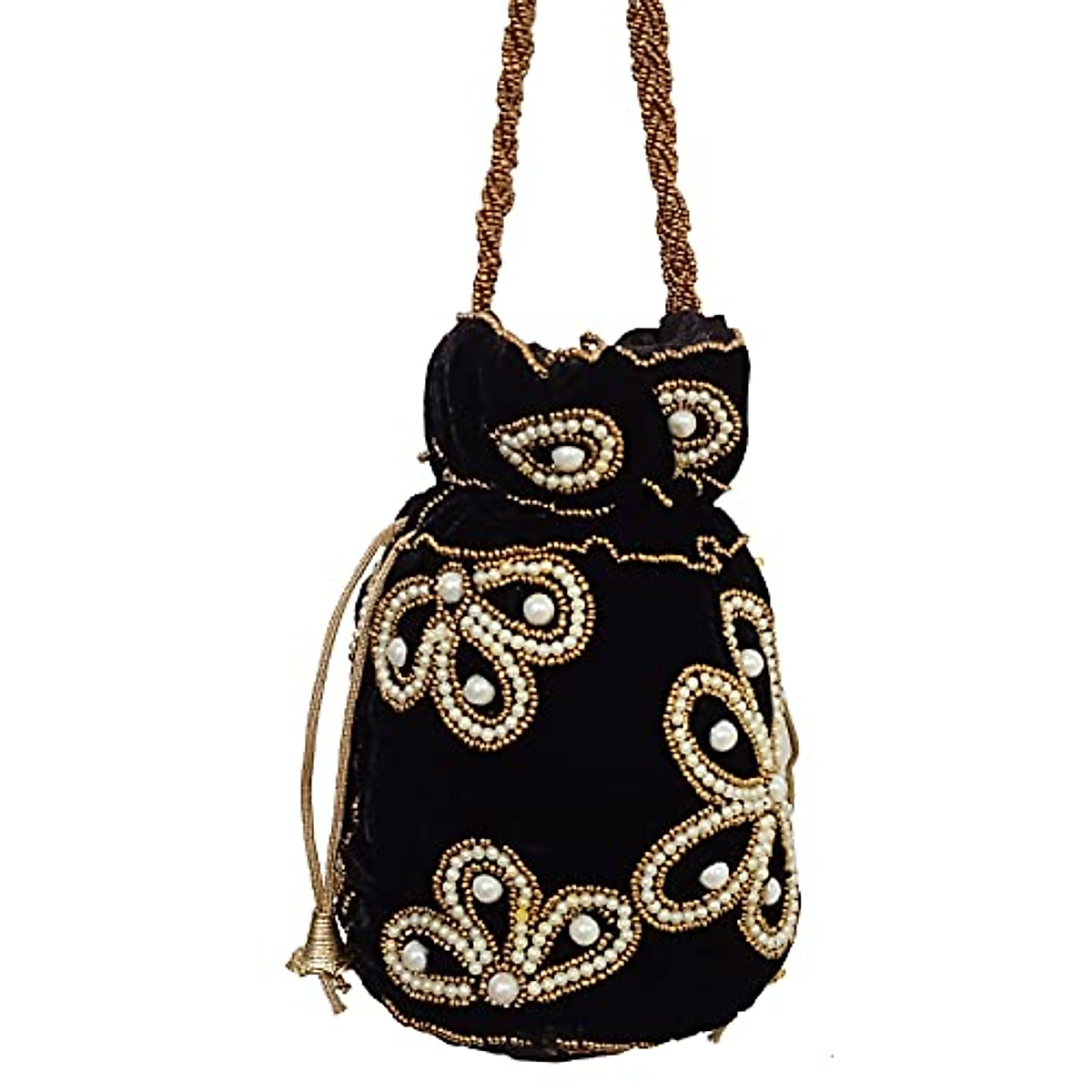 Purpledip Chenille Potli Bag (Clutch, Drawstring Purse): Intricate Bead Work Satchel Handbag, Black (12396A) 