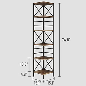 Buytime Corner Bookshelf, Corner Bookshelf for Living Room. 6-Tier Rustic Wooden Corner Bookshelf with Metal Frame, Corner Book Shelf, Tall Corner Shelf, Metal Corner Shelf