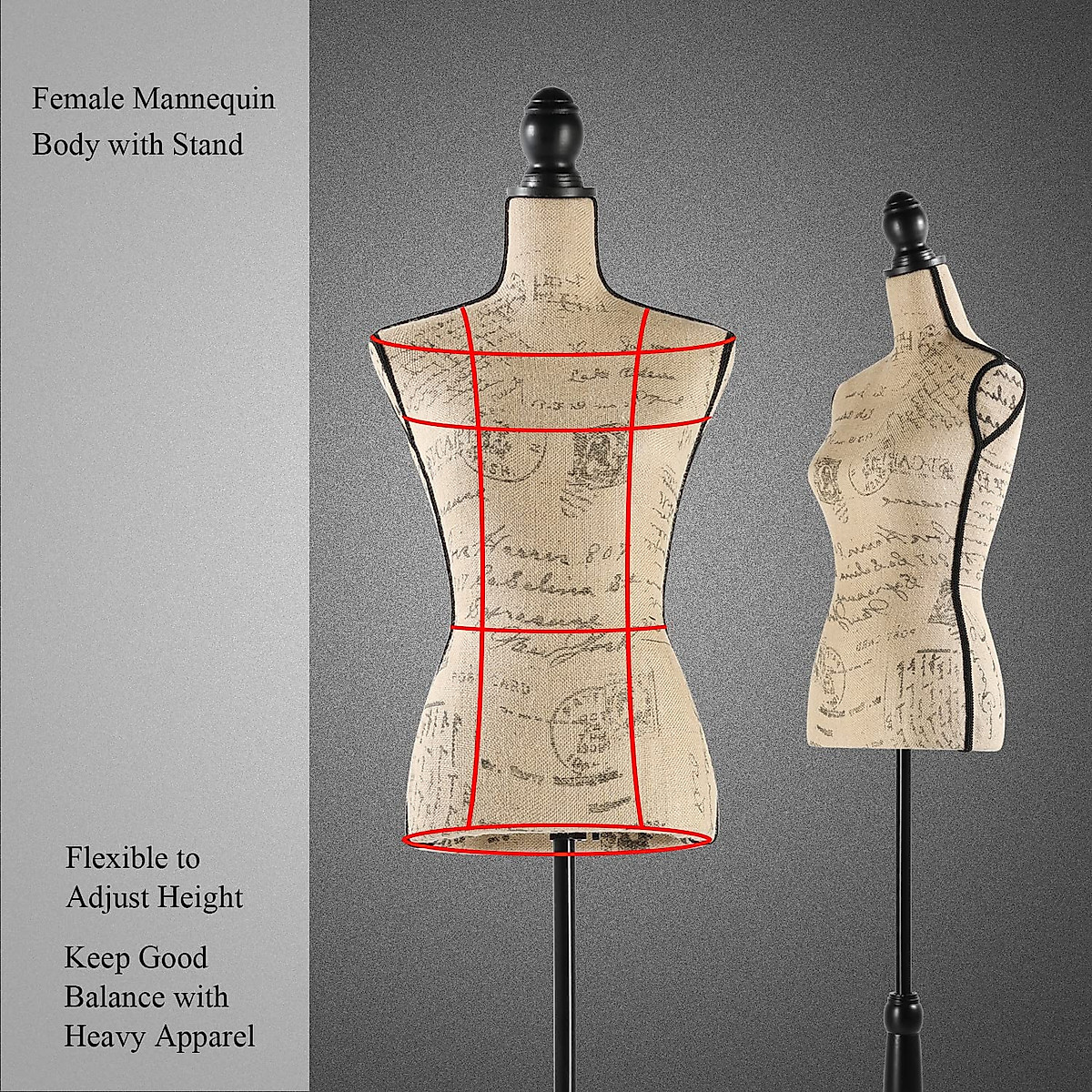 Female Mannequin Adjustable Dress Form-Large Torso Tripod Stand Display，100% Handmade Soft Stretchy，High Density Foam Portable Display Mannequin, for Sewing Dressmaker Jewelry Display(Brown)