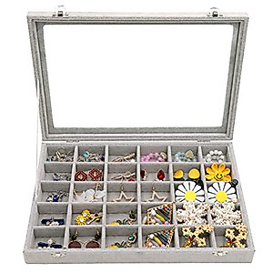 Wudygirl Clear Lid 30 Grid Jewelry Organizer Box Storage Case Showcase Display Jewelry Tray Stackable Removable Ice Velvet(30 Grid)
