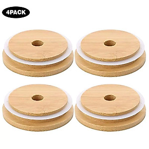 4 Pack 86mm Wide Mouth Bamboo Mason Jar Lids with Straw Hole Reusable Bamboo Caps Leak-Proof Glass Canning Drinking Storage Jars Lid
