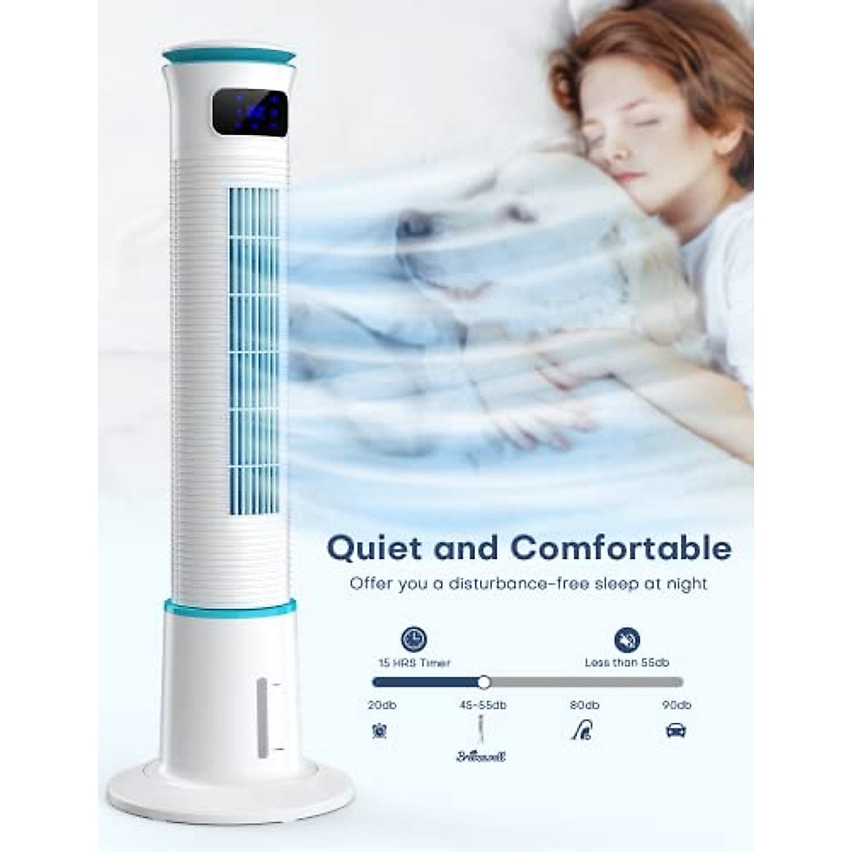 43-INCH Evaporative Air Cooler, BREEZEWELL Windowless Air Conditioner Portable for Room, 70°Oscillating Cooling Fan w/LED Screen, 15H Timer & Remote, 4 Modes & 3 Speeds, Air Cooler for Bedroom Office