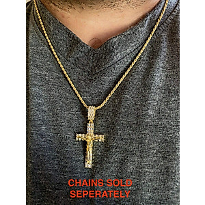 HarlemBling Real 925 Sterling Silver - 14k Gold Finish - Iced Baguette Cross W. Jesus Pendant - 3 Sizes Great For Any Necklace 1-2.5" (Medium 1.5")