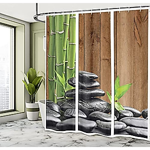 Ambesonne Art Decor Collection, Spa Zen Basalt Stones and Bamboo Trees Picture Print, Polyester Fabric Bathroom Shower Curtain Set with Hooks, Green/Dark Gray/Brown