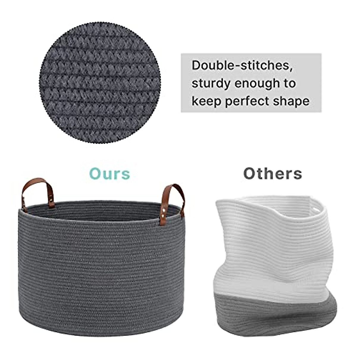 Large Baskets for Storage Cotton Rope Basket Laundry Basket Hamper- Hombins Woven Toy Bin Blanket Holder XXL Grey Collapsible Laundry Basket with Leather Handle, 20"X20"X13"