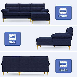 Sectional Couches for Living Room, Modern Chenille Convertible Sofa Bed L-Shaped Couch 3 Seats Sofas with Reversible Wide Chaise & Fluffy Armrests for Small Apartment Compact Spaces Dark Blue