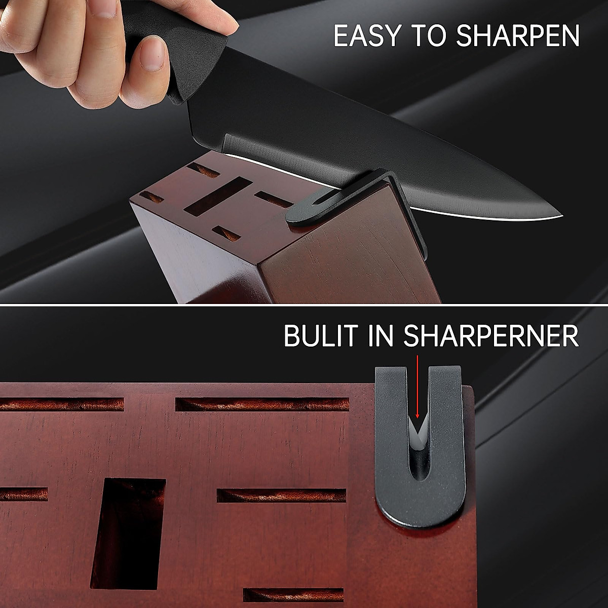 Wanbasion 15Pcs Kitchen Knife Block Set with Sharpener, Sharp Kitchen Knives Set with Block, Stainless Steel Knife Set with Block Dishwasher Safe Black