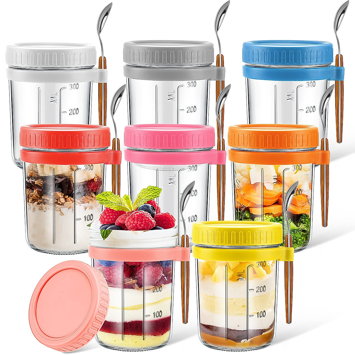 Zubebe 8 Pcs Overnight Oats Container 12 oz Glass Overnight Oats Jars with Lid and Spoon Oatmeal Container Storage Mason Jar for Overnight Oats Cup with Measurement Marks for Cereal Yogurt Food