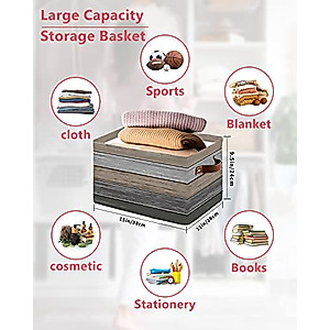 Beige Grey Ombre Storage Bins 1 Pack, Large Waterproof Storage Baskets for Shelves Closet, Brown Farmhouse Retro Wooden Striped Storage Basket Foldable Storage Box Cube Storage Organizer with Handles