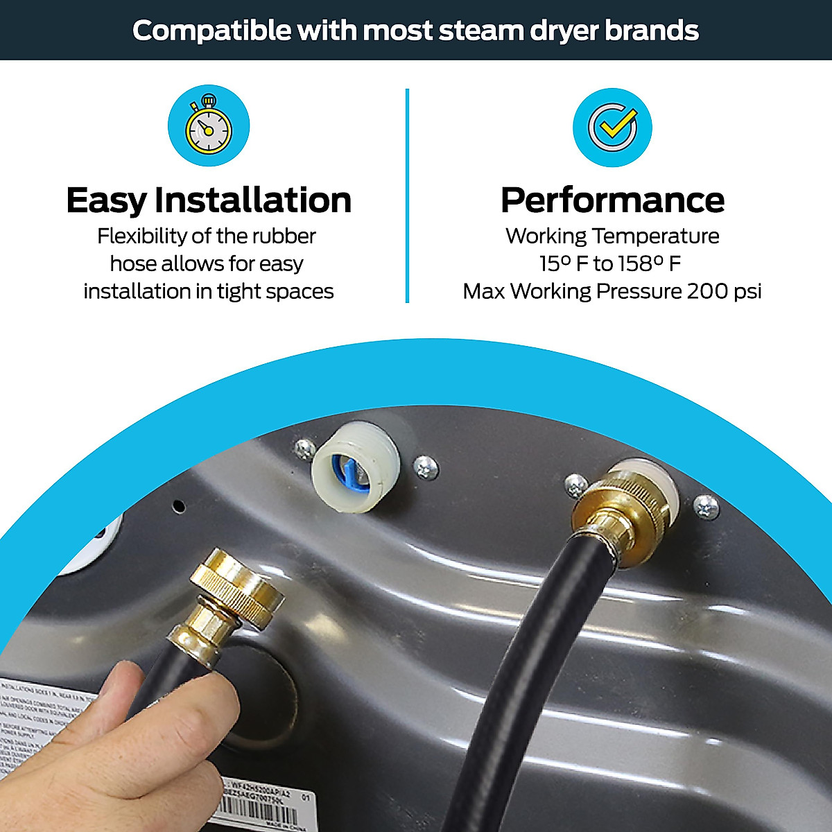 Eastman Rubber Steam Dryer Water Supply Installation Kit, 3/4 Inch FHT x 3/4 Inch FHT Connection, 5 Foot Flexible Hose, 41024