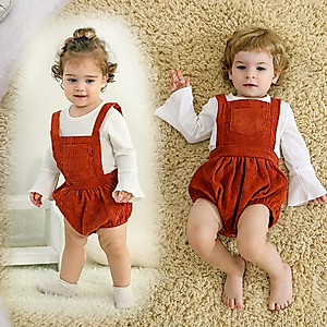 Tiny Cutey Newborn Baby Girl Clothes Bell Sleeve Romper and Corduroy Overalls Shorts Infant Girl Fall Outfits (White Romper & Brown Overalls, 6-12 Months)