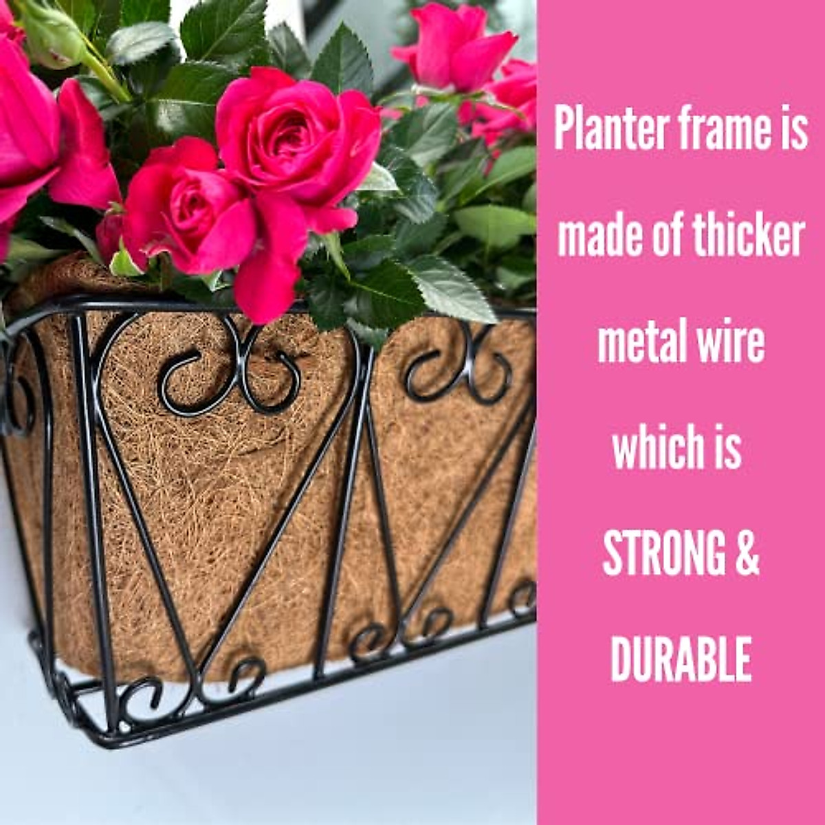 LaLaGreen Wall Hanging Planters - 2 Pack, 30 Inch Deck Railing Hanging Pot, Over the Rail Flower Boxes Black Window Plant Basket Attach to House Outdoor with Coco Liner Metal Fence Balcony Patio Porch