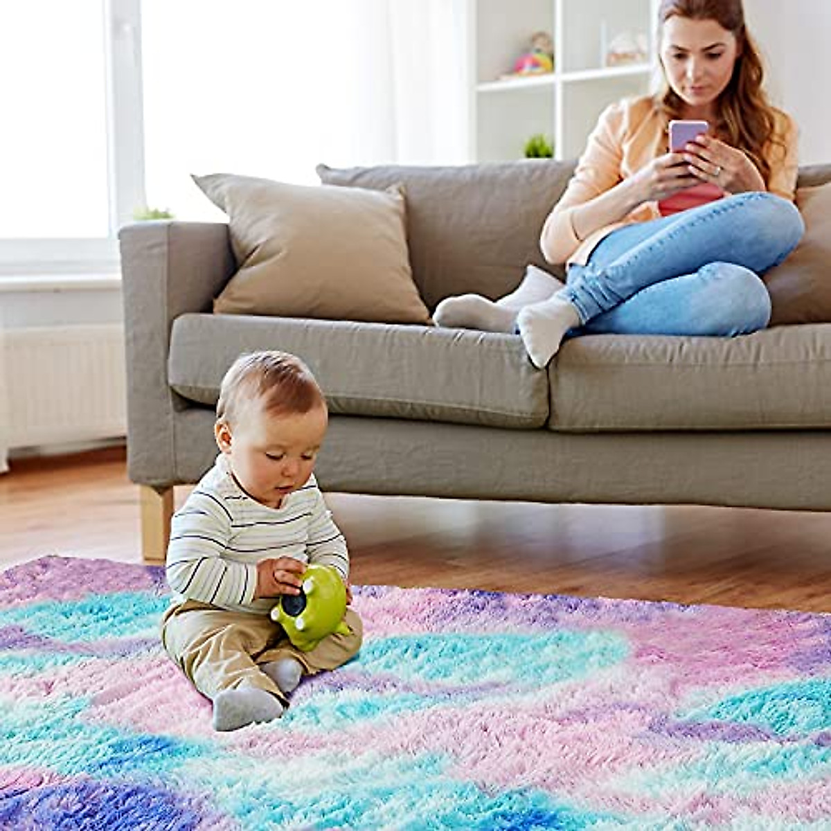 Shaggy Area Rugs, Kids Rugs for Bedroom Girls, Soft Fluffy Colorful Rainbow Kids Rugs for Girls Bedroom Tie Dye Area Rug Purple Rugs for Kids Bedroom Non Slip Rectangle Shag Fuzzy Carpet