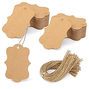 SallyFashion 150PCS Brown Paper Kraft Tags,1.9x2.75 inch Scalloped Gift Tags with String,Price Tags,Blank Gift Hanging Tags for Gift Wrapping,Wedding,Craft Show,Merchandise,Party Favor