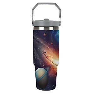 BWQJKUO Large Capacity Car Cup 30 Oz Stainless Steel Universe Galaxy Outer Space Printed Travel Mug Leak-proof Flip Straw Tumbler with Handle,keeps Cold Or Ho