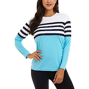 NEYOUQE Women's Summer Fall Comfort Colors Lovely Striped Long Sleeve Pullover Crewneck Travel Under Shirt Soft Aesthetic SPF Clothing Lake Blue S