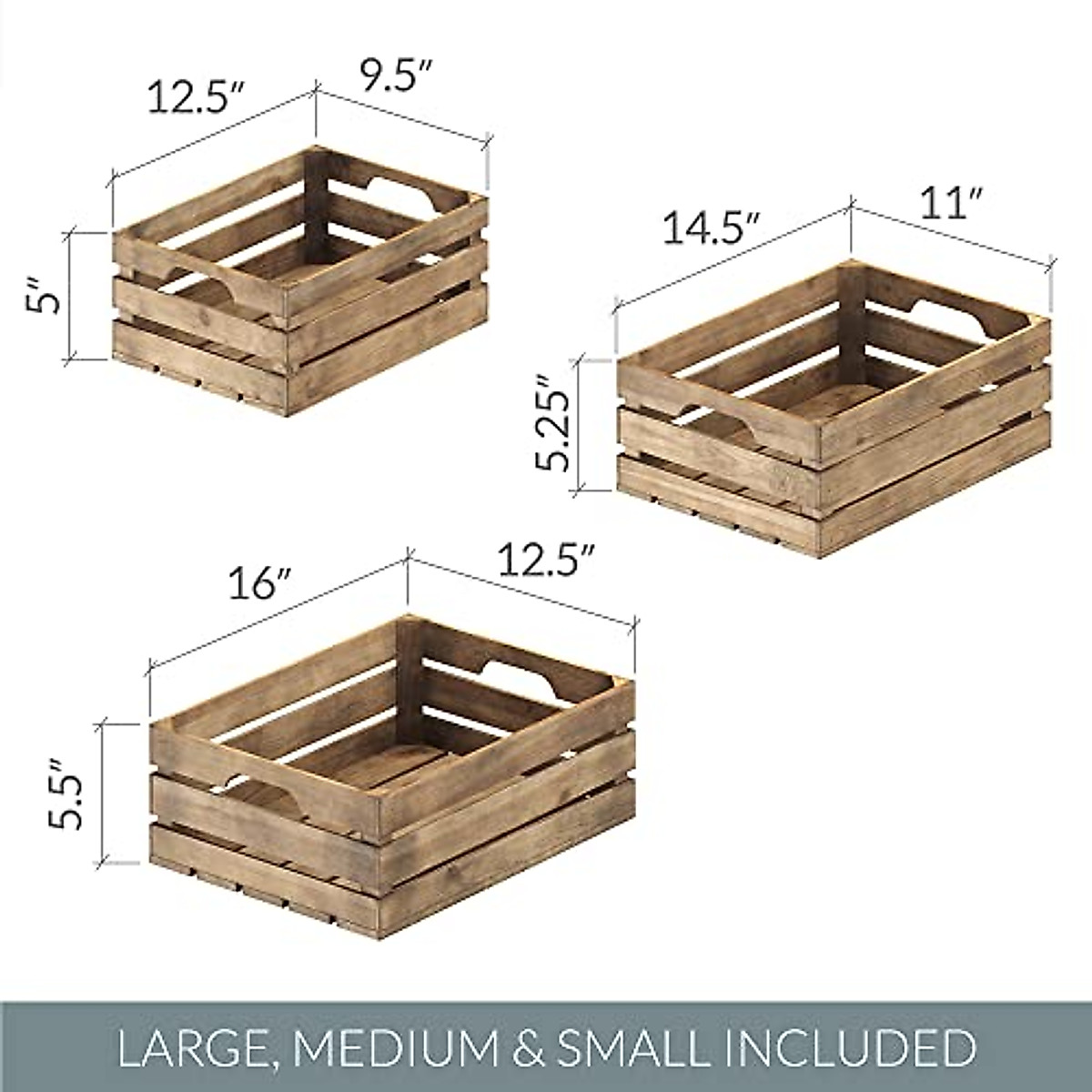 Wood Crates Set of Three - Decorative Large Nesting Rustic Wooden Crates for Storage, Display, Decor, Boxes - Stackable or Mountable Wooden Crate for Photography - Wooden Crates for Decoration - Wood Crate Bulk (Brown) by Barnyard Designs