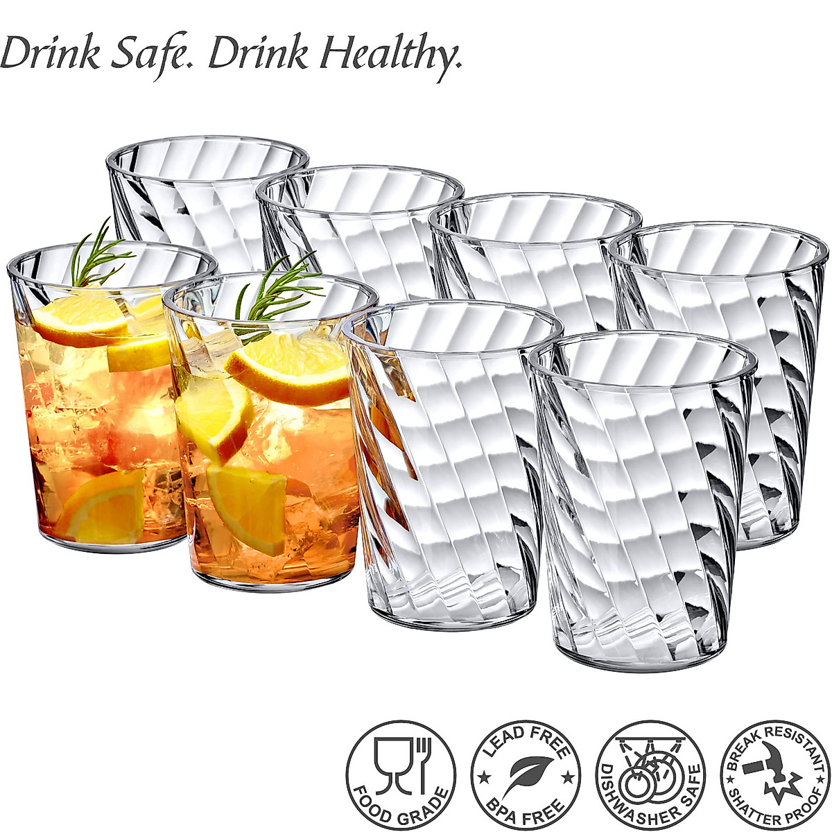 Amazing Abby - Glacier - 14-Ounce Plastic Tumblers (Set of 8), Plastic Drinking Glasses, All-Clear Reusable Plastic Cups, Stackable, BPA-Free, Shatter-Proof, Dishwasher-Safe