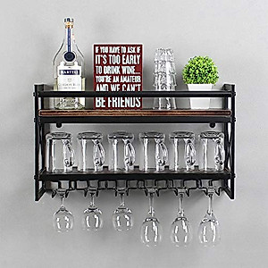 Weven Wine Rack Stemware Glass Rack,Industrial 24in 2-Tier Wood Shelf,Wall Mounted Wine Racks with 6 Glass Holder for Wine Glasses,Mugs,Home Decor,Rustic Black