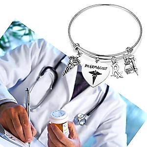 bobauna Stainless Steel Pharmacist Expandable Wire Bangle Bracelet with Medical Caduceus RX Symbol Pharmacy Charms Pharmacist Graduation Gift (pharmacist bracelet)