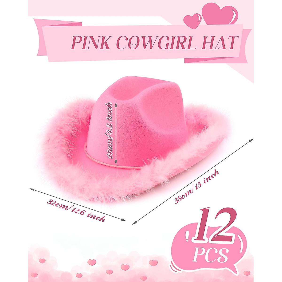 Tarpop 12pcs Cowgirl Hat Bulk with Feather Boa Cowgirl Hat for Women Wedding Bachelorette Party Costume Accessory(Pink)