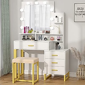 PAKASEPT Vanity Set with Lighted Mirror, Makeup Vanity Dressing Table with LED Light, Drawers, Storage Shelves and Cushioned Stool, Small Vanity Desk for Bedroomy,39.4"L x 15.7"W x 63"H