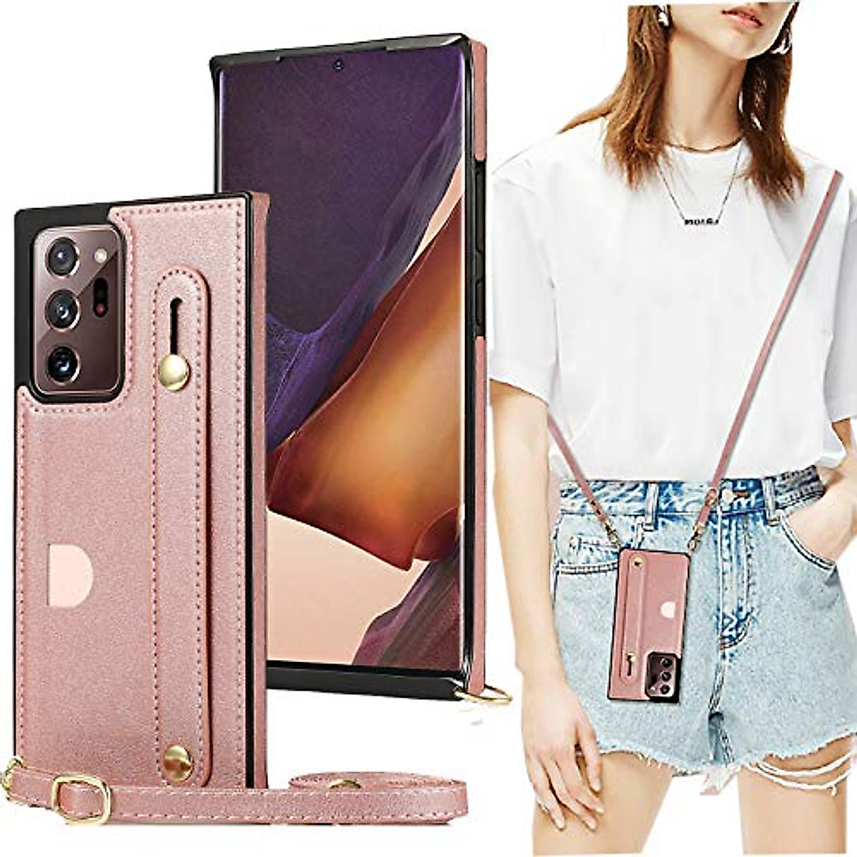 Samsung Galaxy Note 20 Ultra Case,ZYZX Removable Adjustable Leather Strap Crossbody Holders Case Neck Strap Lanyard Purse Shoulder Strap w/Kickstand Case for Samsung Galaxy Note 20 Ultra KB Rose Gold