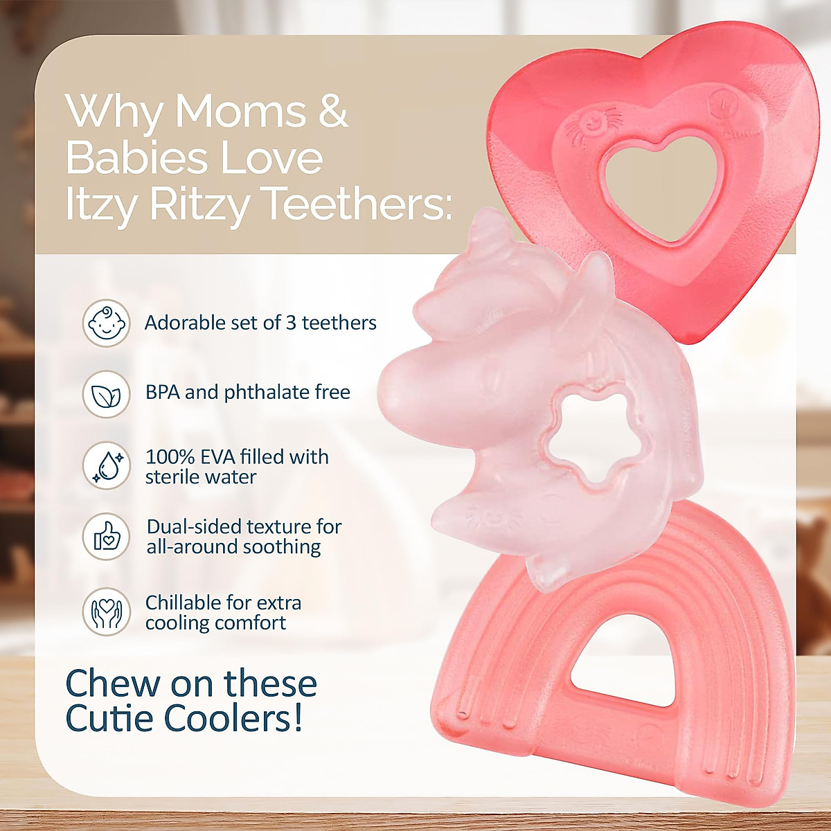 Itzy Ritzy Water-Filled Teethers - Cold Cutie Coolers Textured On Both Sides to Massage Sore Gums & Emerging Teeth - Can Be Chilled in Refrigerator, Set of 3 Coordinating Pink Unicorn Water Teethers