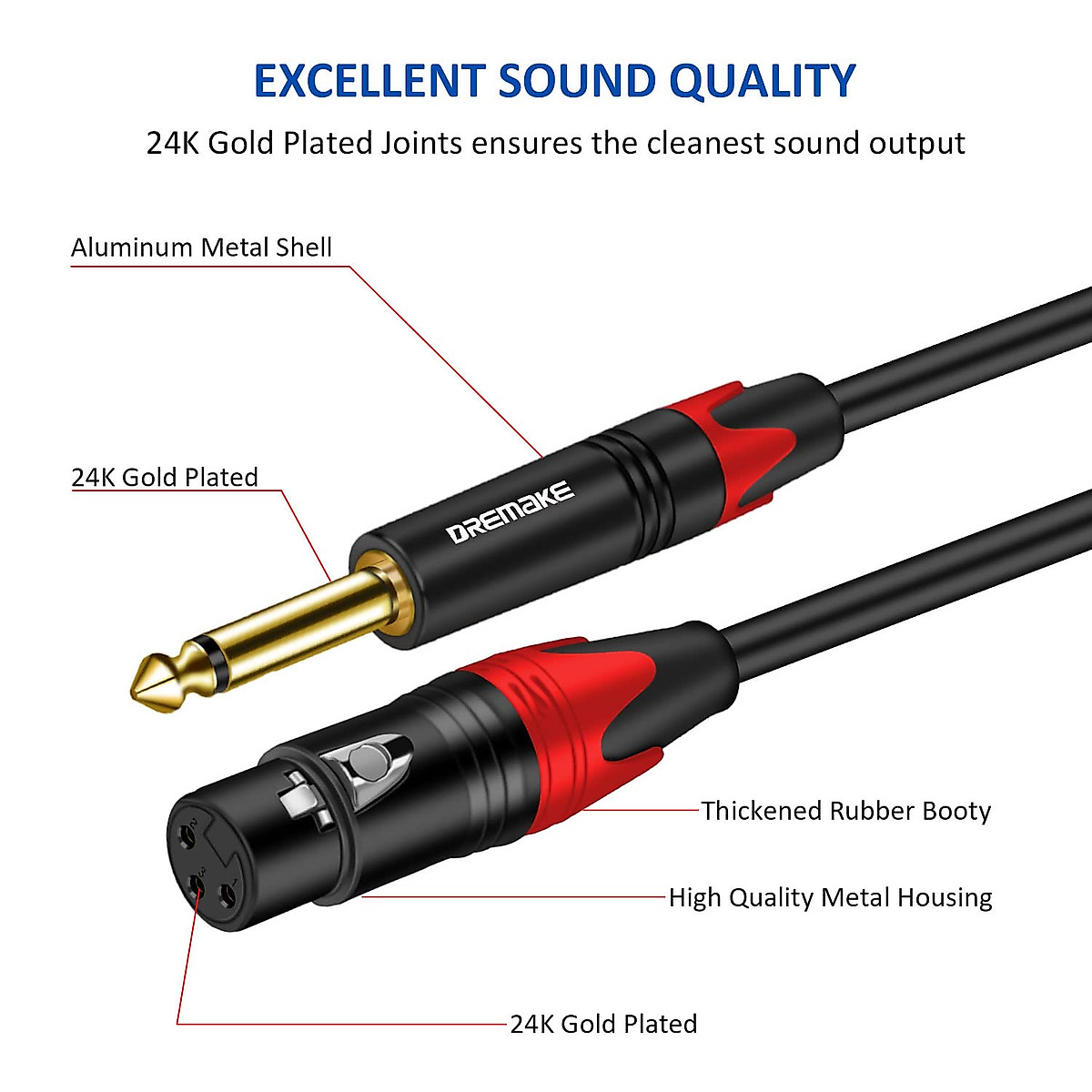 DREMAKE 33 Foot XLR Female to 1/4'' Mono Unbalanced Cable, 3-Pin Female XLR to Male 1/4'' Patch Cord, 6.35mm 1/4'' TS Male to XLR Female Audio Stereo Microphone Cable for AMP Stereo System 1/4 to XLR