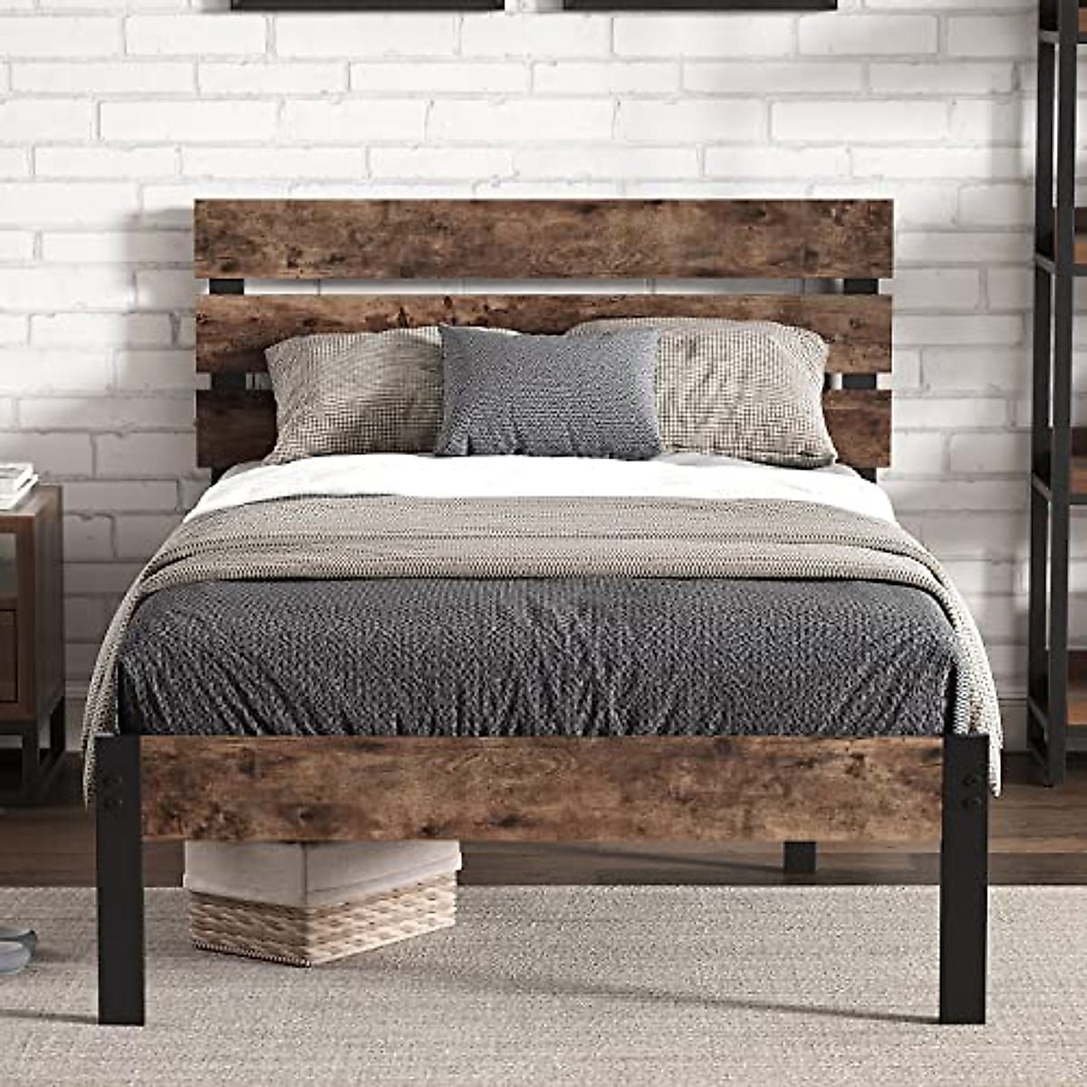 TXIYEAN Bed Frame with Wooden Headboard/Heavy Duty Metal Slats Support/No Box Spring Needed/Noise Free/Easy Assembly/Twin XL/Queen/King,Twin XL