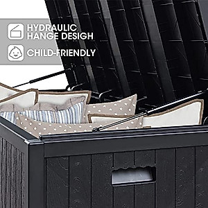 SUNVIVI OUTDOOR 120 Gallon Deck Storage Box with Hydraulic Hinge, Resin Patio Storage Bin with Lockable Lid, Waterproof Outside Storage Container for Cushions, Pool Supplies, Garden Tools, Black