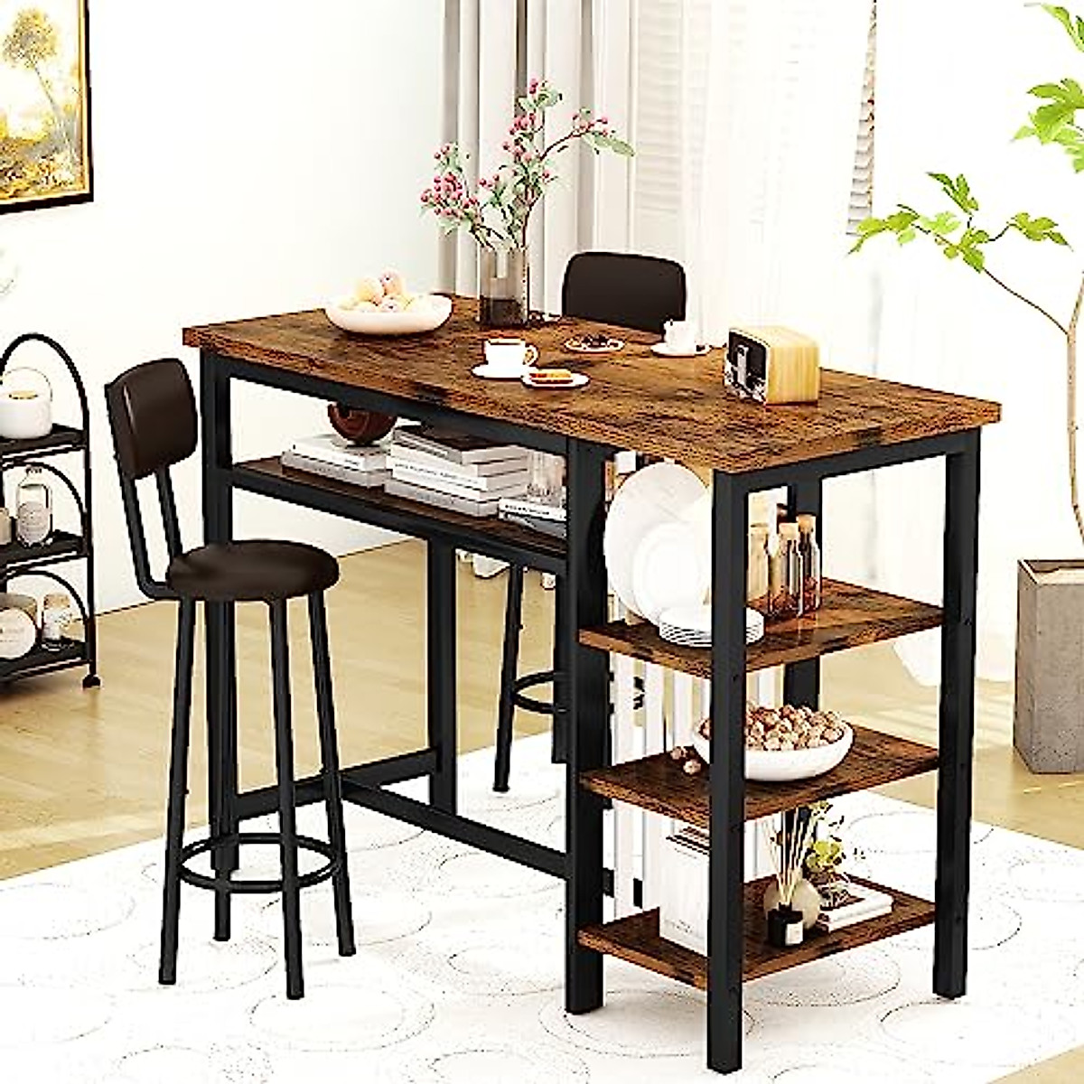 Recaceik Bar Dining Table Set, Modern Bar Table and Stools for 2, Kitchen Counter Height Dining Table Set with 4 Storage Shelves, PU Upholstered Stools Breakfast Nook Set Pub Table with Backrest