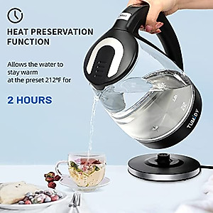 TUMIDY 1.7L Glass Electric Kettle Temperature Control Hot Water Boiler with 5 Colors LED Indicator and Keep Warm Function, 90°Open Fast Boil Auto Shut-Off Tea Heater Stainless Steel Inner Lid & Bottom