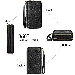 GOIACII Women's Wallet Large Capacity Double Zip Around Credit Card Holder Leather Ladies Wallet with RFID Blocking Phone Wristlet Purse Black