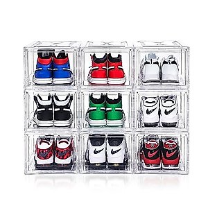 SIMPLGIRL Shoe Box 9 Pack, Clear Acrylic Shoe Boxes, Shoe Storage Boxes, Foldable Shoe Box, Shoe Organizer Box with Magnetic Door Fits Up to Size 14