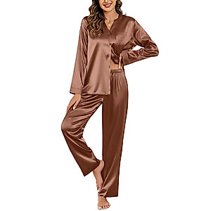 Ekouaer Silk Satin Pajamas Set Women's 2 Piece Pjs Long Pant Fall Soft Sleepwear Button Up Loungewear with Pockets Brown
