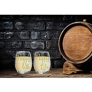 Happy Wife, Happy Life - 15oz Crystal Wine Glasses - Couples Stemless Wine Glasses – His And Hers Gifts Ideas For Anniversary, Weddings, Bridal Showers