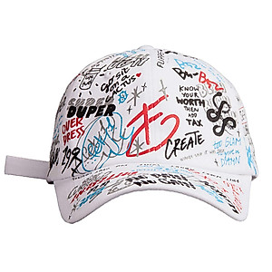 Flipper Designer Graffiti Doodle Cotton Baseball Cap for Men Women, Kpop Hat w/Curve Brim (White/Multi, Free Size)