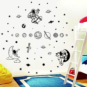 ANFRJJI Astronaut Wall Sticker - Removable PVC Vinyl Decals of Space Scooter, Telescope, Satellite and Planets - Cosmic Space Wall Decor for Kids Room, Game Room and Nursery - Galaxy Adventure Wall Art (Black-JWH214-Astronaut)