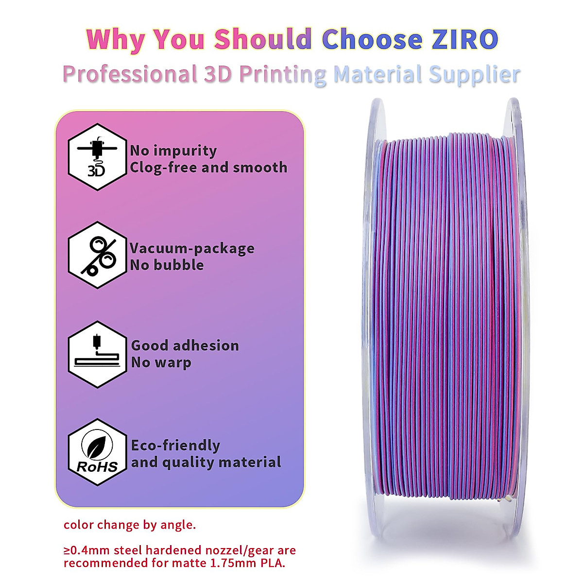ZIRO PLA Filament Matte, Multicolors 3D Printer Filament, 3-in-1 Chrome Coextrusion PLA, Magic Three-Color PLA, Fit Most FDM 3D Printers,1KG/2.2lb Spool, Rosy Cloud (Matte)
