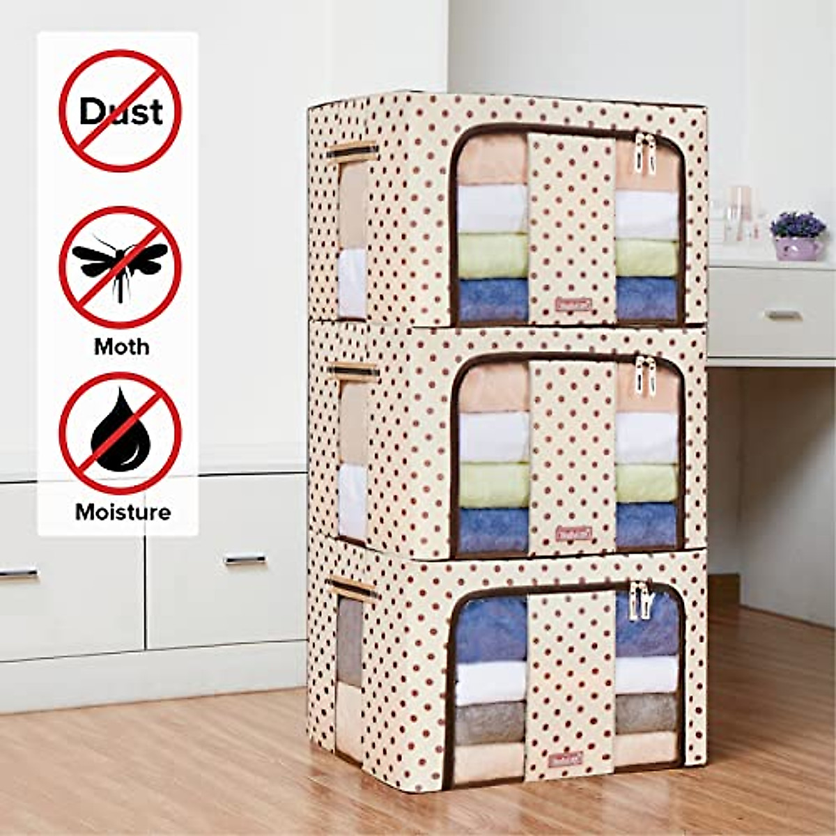 Oxford Fabric Storage Box with Steel Frame,Foldable Stackable Container Organizer with Large Window & Carry Handles Bedroom Closet Organization for Clothes Bedding Sheets Blanket Pillow Brown-66L