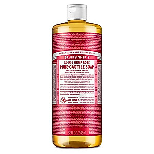 Dr. Bronner’s - Pure-Castile Liquid Soap (Rose, 32 ounce) - Made with Organic Oils, 18-in-1 Uses: Face, Body, Hair, Laundry, Pets and Dishes, Concentrated, Vegan, Non-GMO