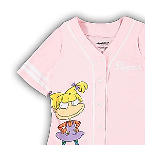 Nickelodeon Ladies 90's Fashion Shirt - Rugrats, Angelica and Chuckie Mesh Baseball Jersey (Light Pink, Small)